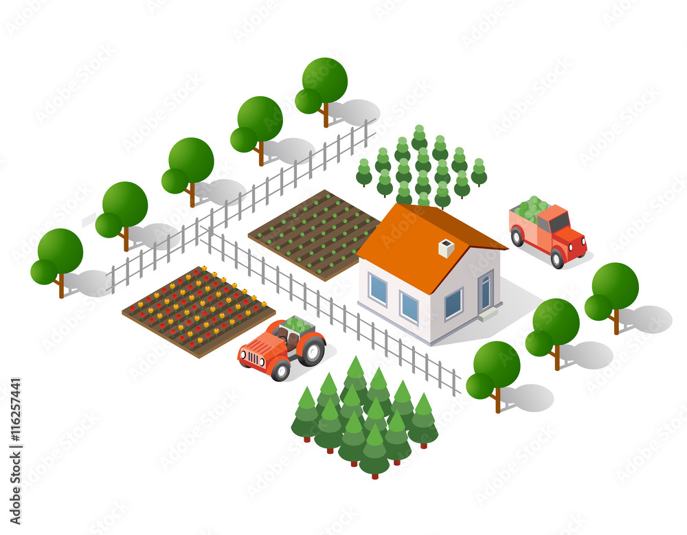 Isometric 3d rural landscape elements set a plan view and tree house ...