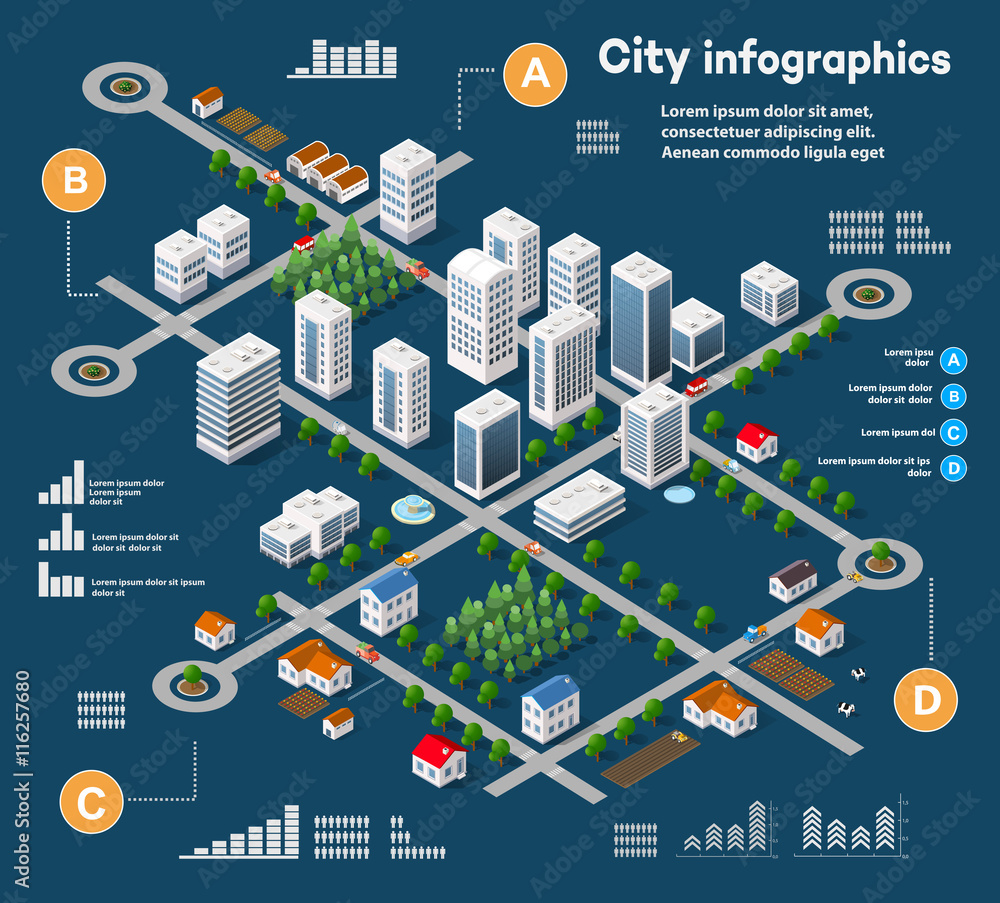 3D city isometric three-dimensional infographics including skyscrapers ...