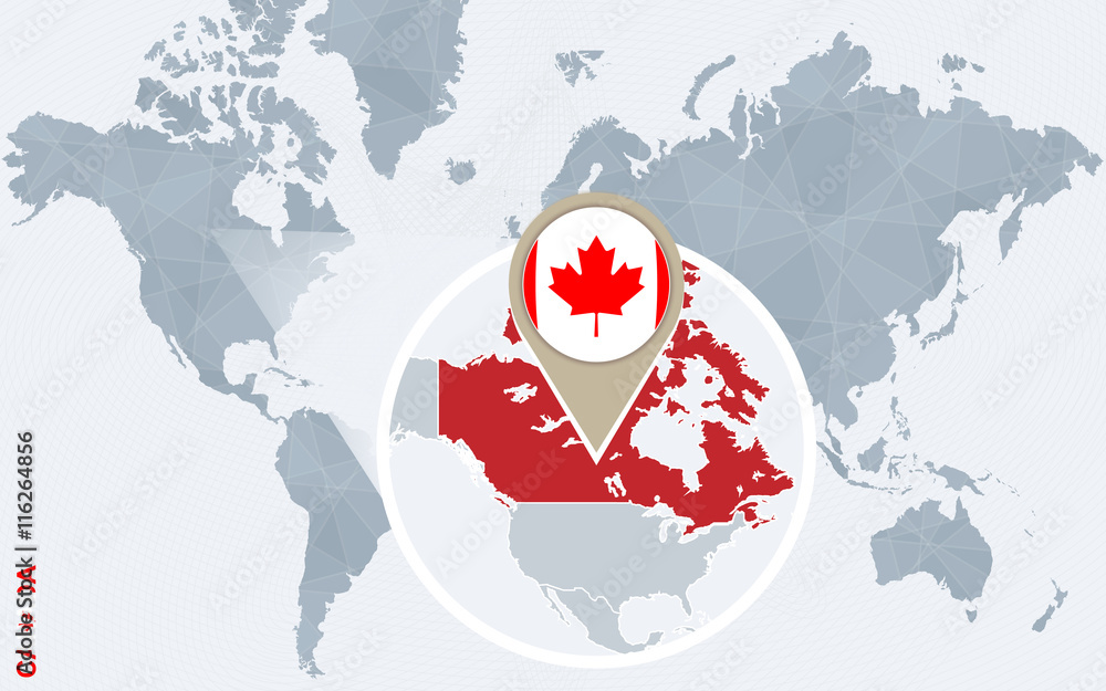 Abstract blue world map with magnified Canada. Stock Vector | Adobe Stock