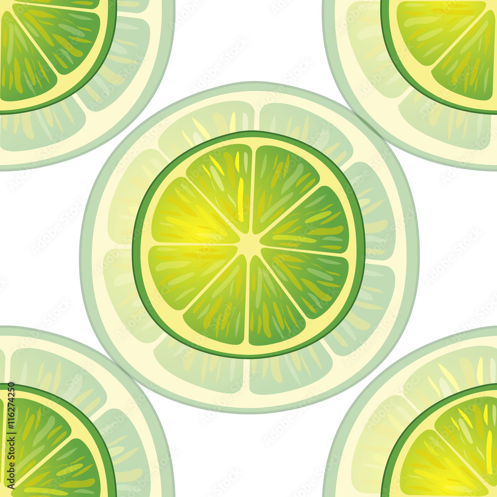 Vector illustration of big lime slices in different angles. Pattern ...
