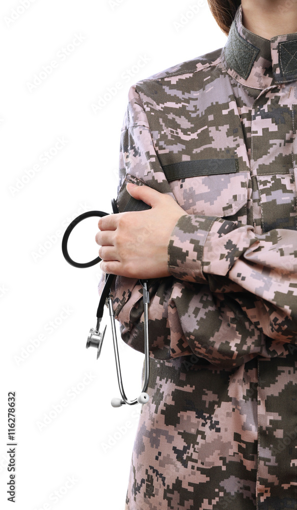 Army doctor holding stethoscope isolated on white Stock Photo | Adobe Stock