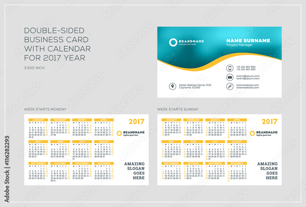 Double-sided business card template with calendar for 2017 year. Week ...