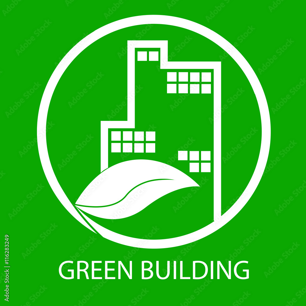 Symbol of Green Building, white line at green background in circle ...