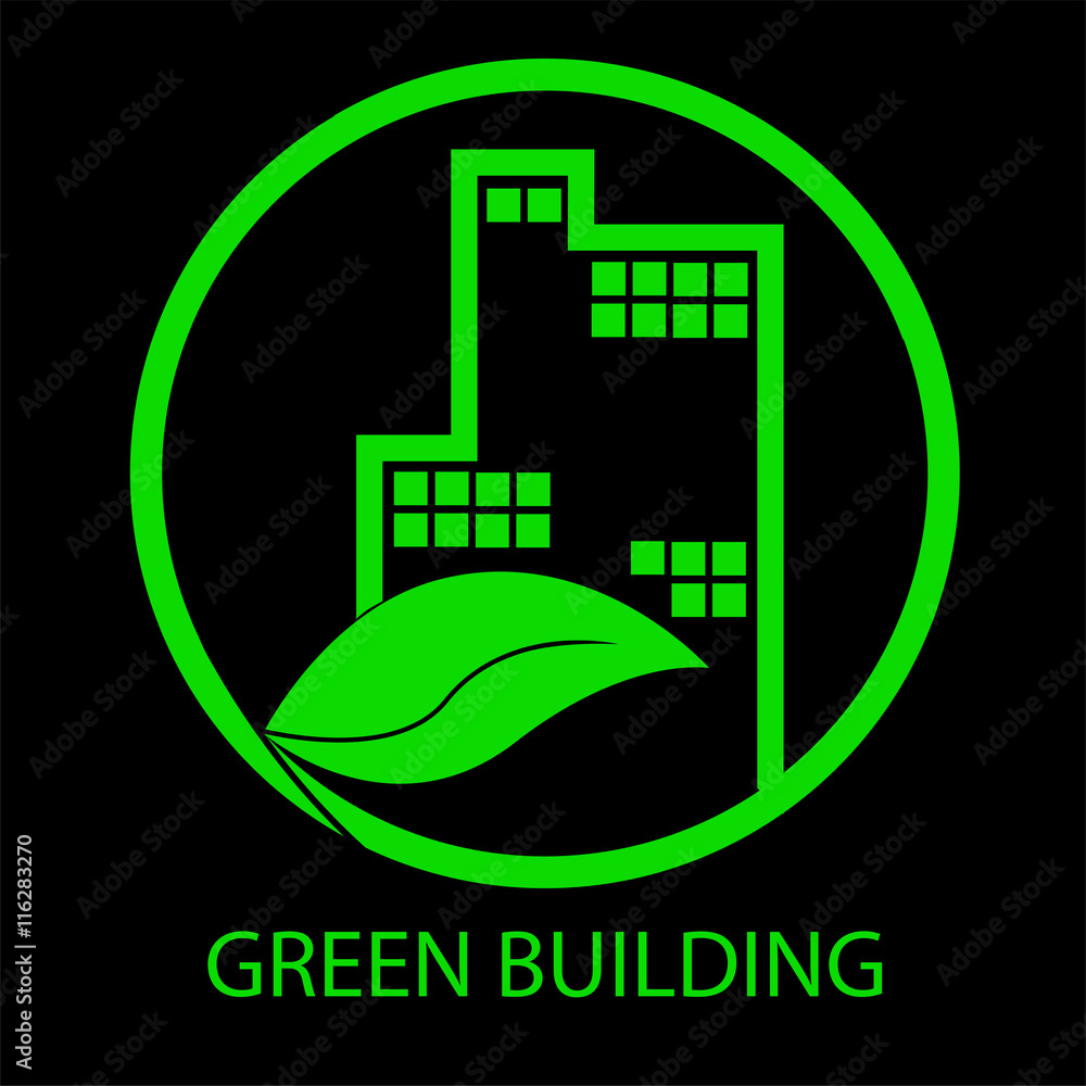 Symbol of Green Building, green line at black background in circle ...