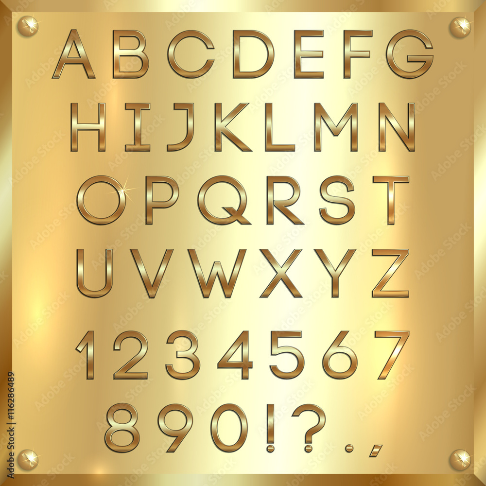 Vector golden coated alphabet letters, digits and punctuation on gold ...