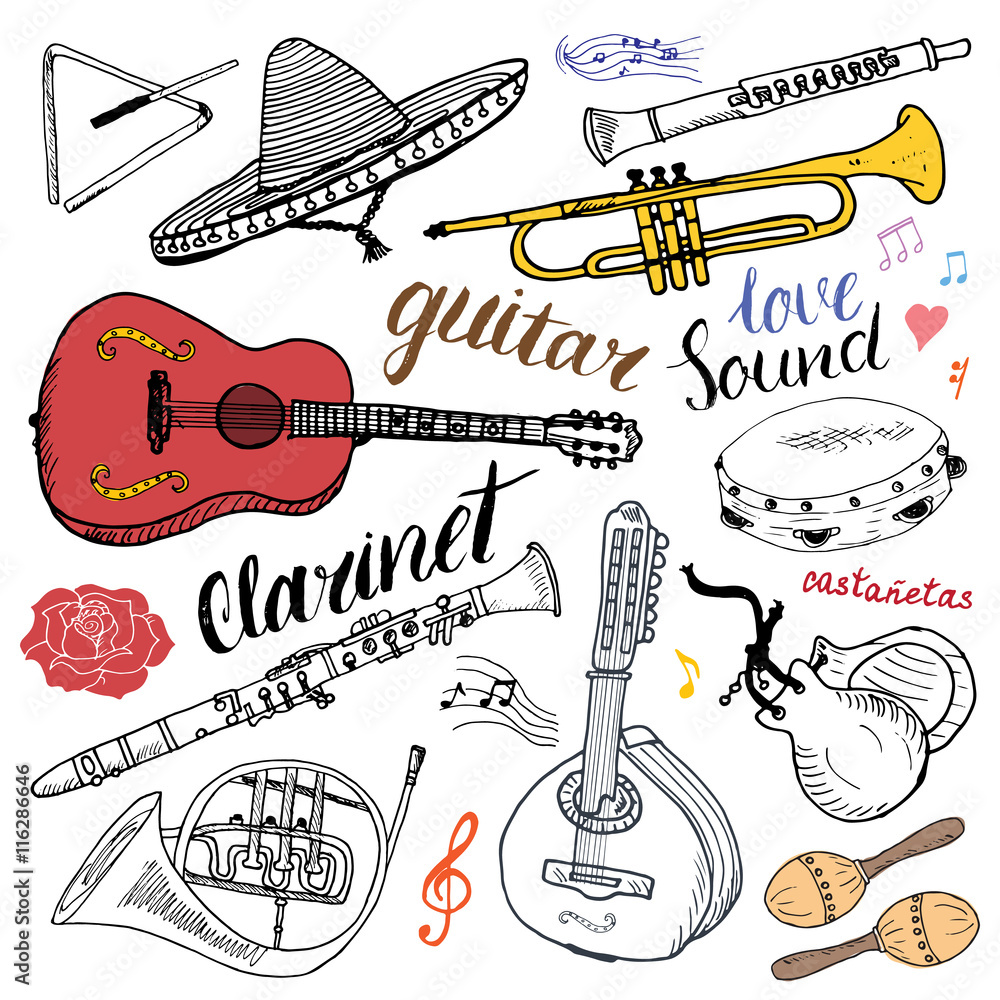 Music Instruments Set. Hand Drawn Sketch, Vector Illustration Isolated ...