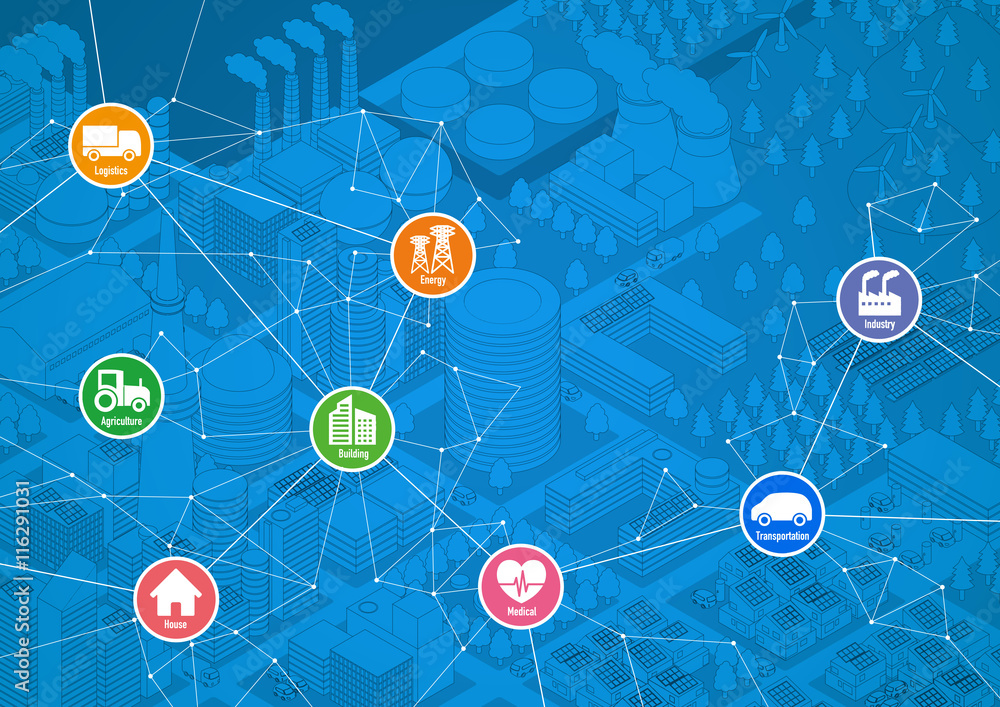 smart city line drawing illustration with various technological icons ...