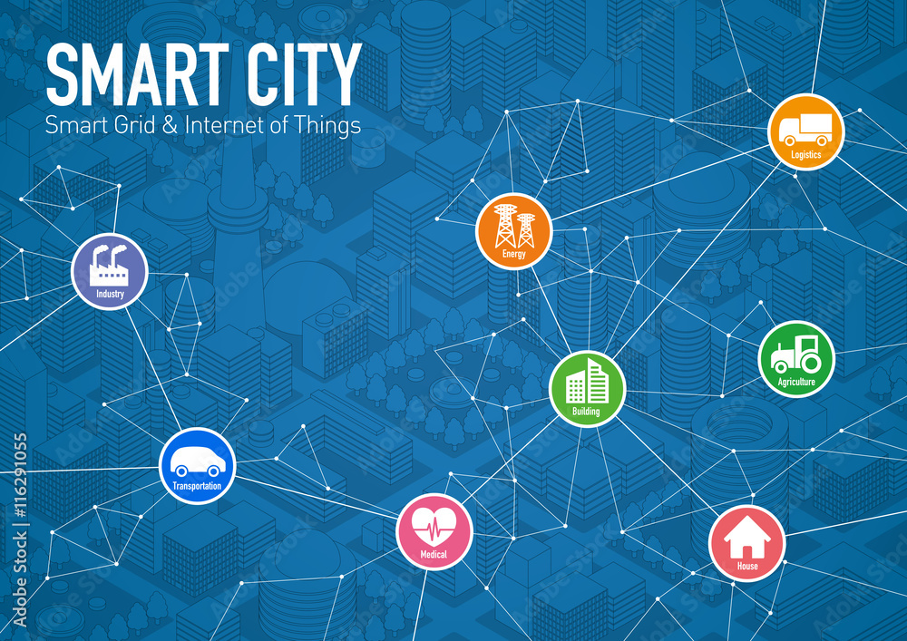 smart city line drawing illustration with various technological icons ...