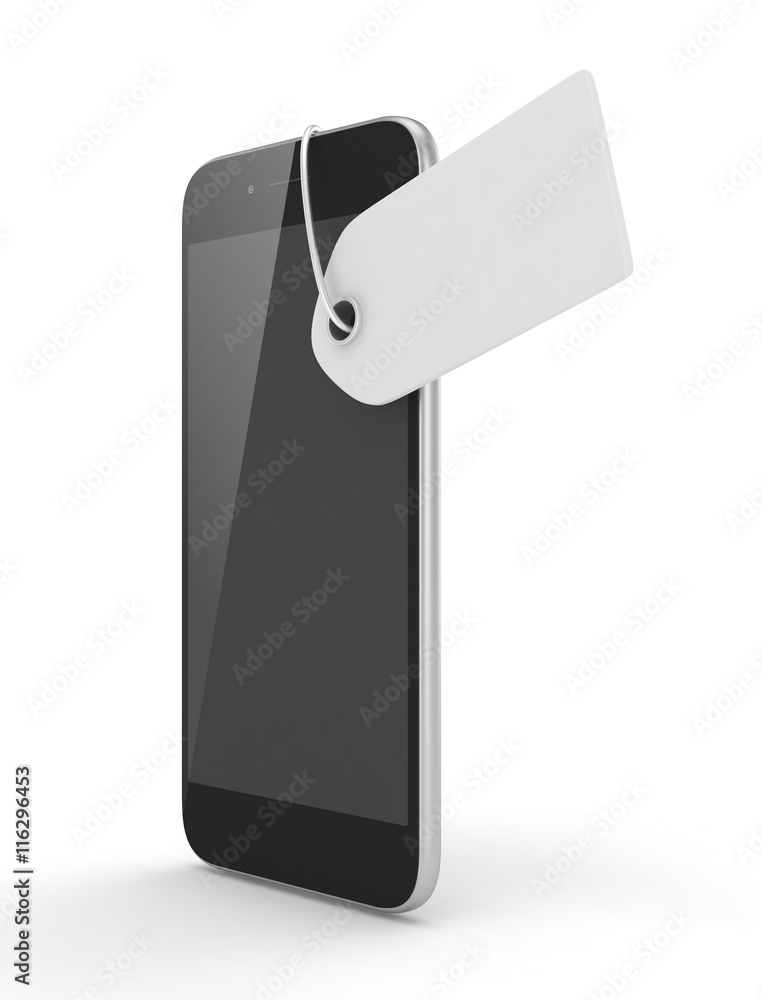 Smart phone with price tag on white background. Identification, price ...