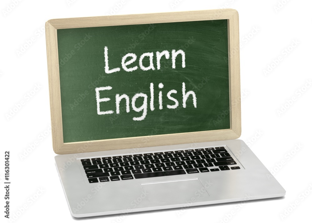 Laptop with chalkboard, learn english, online education concept. 3d ...
