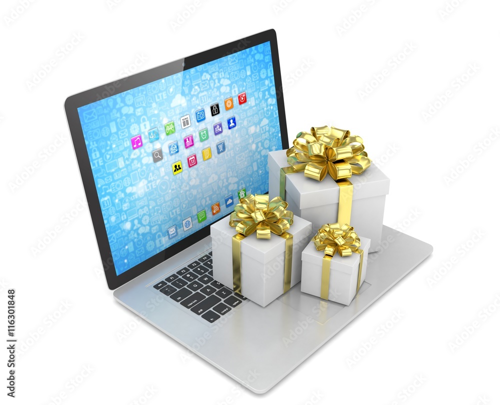 Gift box with ribbon bow on laptop keyboard. 3d rendering. Stock ...