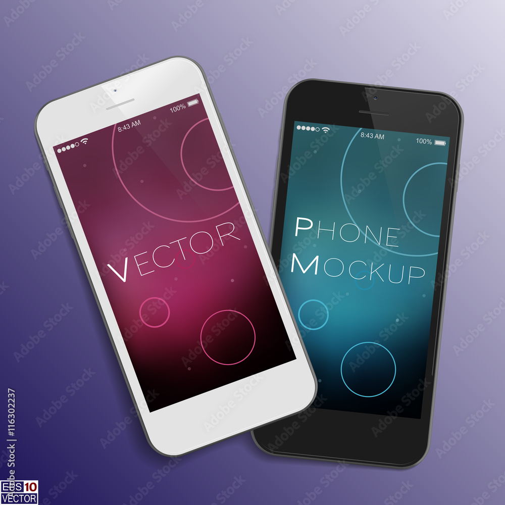 Vector of realistic 3d black and white Smart phones. Phones are turned ...