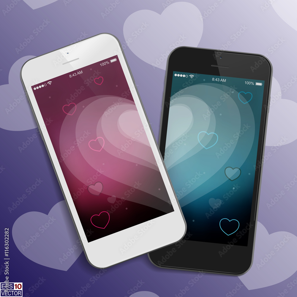Vector of two realistic 3d black and white Smart phones. Valentine day ...