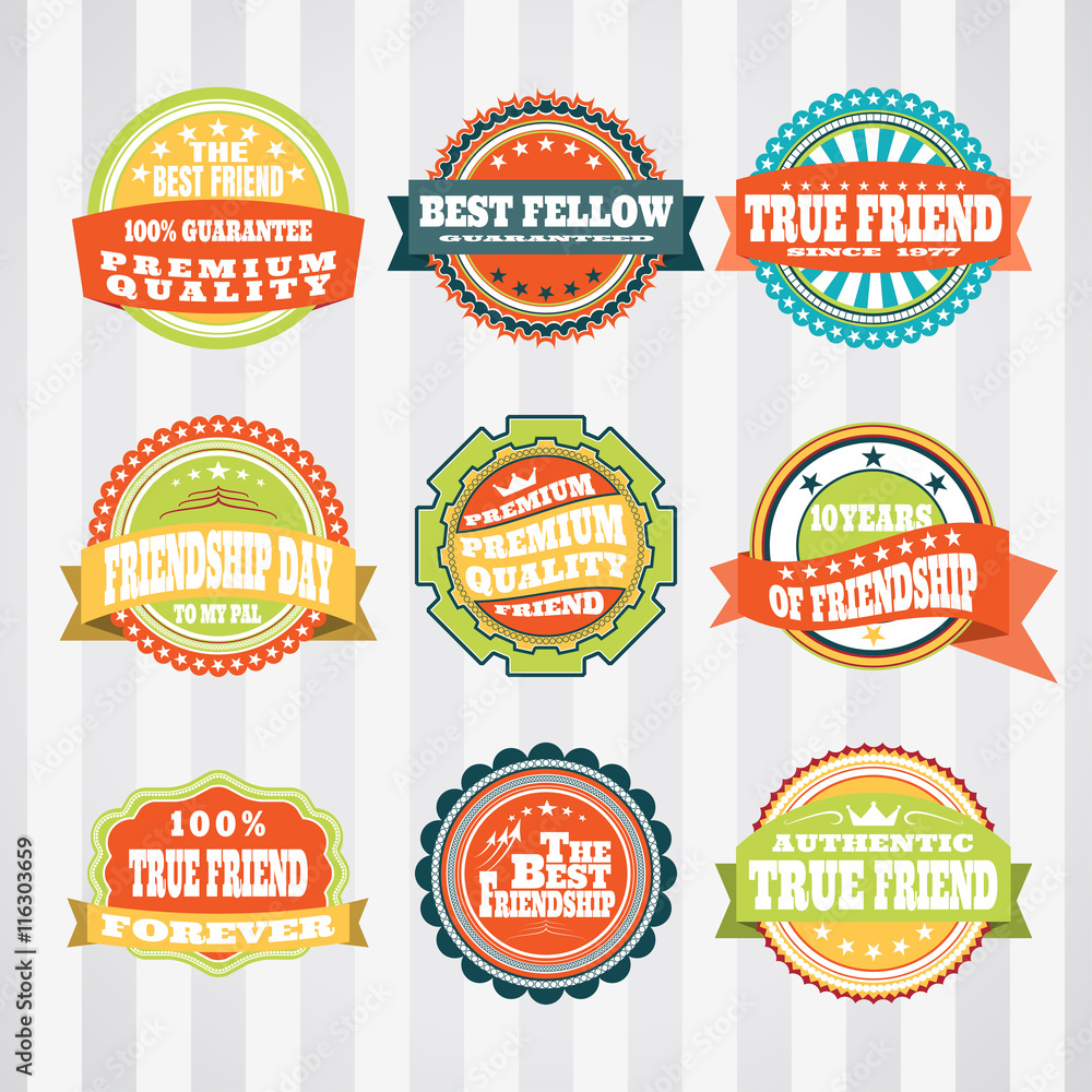 Vintage labels vector set for Friendship Day. Retro labels vector set ...