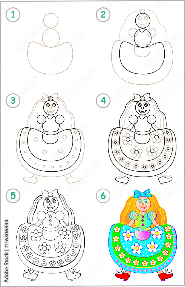 Page shows how to learn step by step to draw a doll. Developing ...
