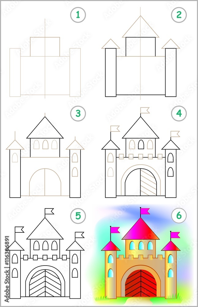 Page shows how to learn step by step to draw a caste. Developing ...