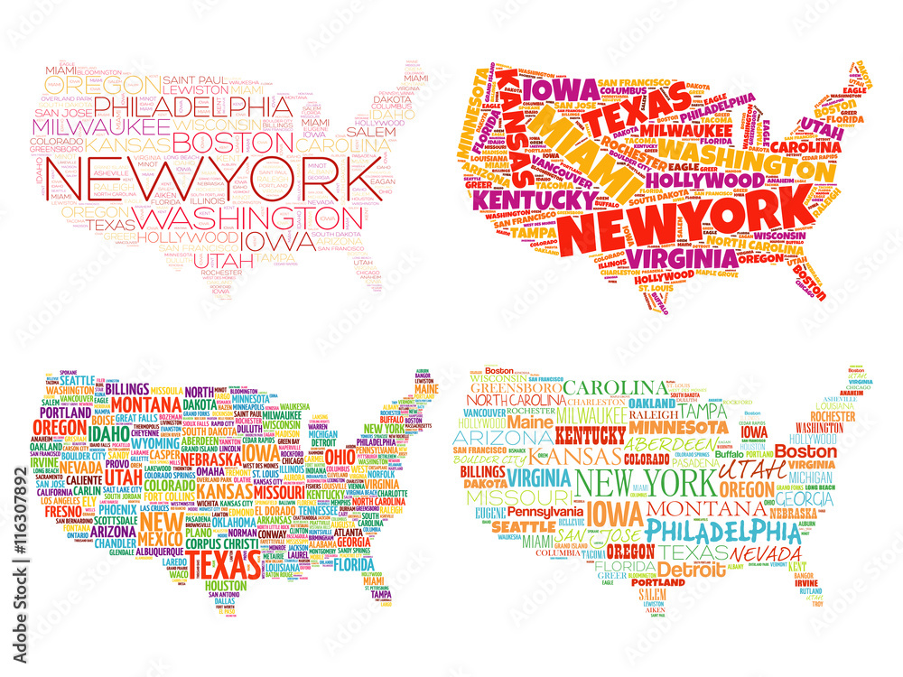 Set of 4 Infographic USA Maps word cloud collage with most important ...