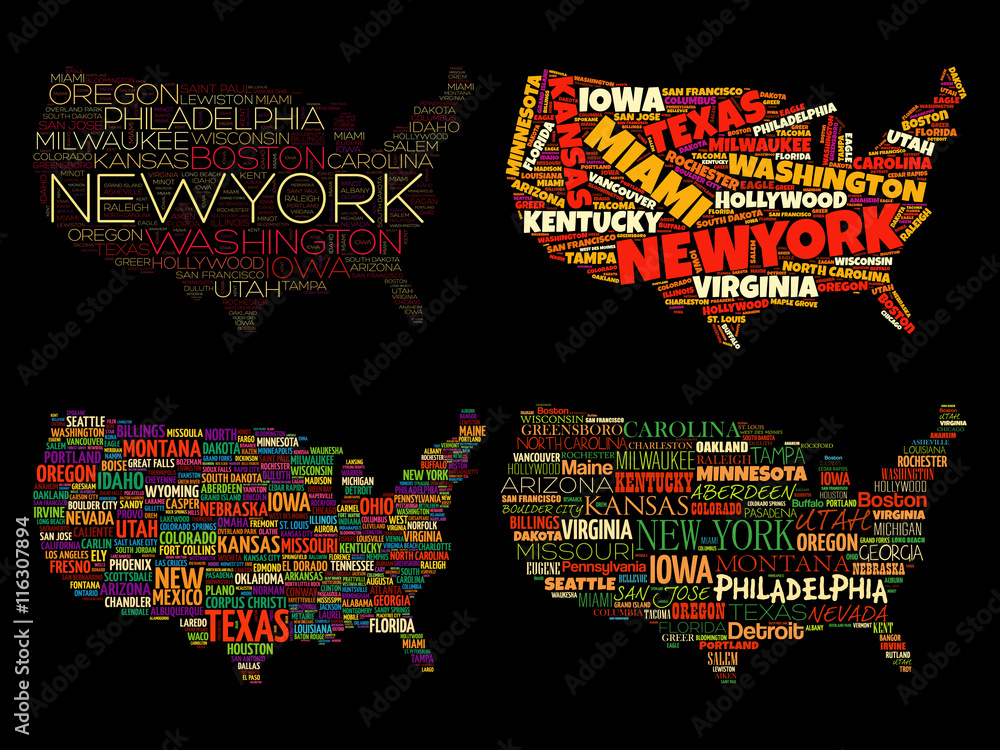 Set of 4 Infographic USA Maps word cloud collage with most important ...