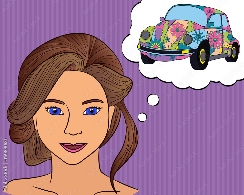Girl think with speech bubble car Stock Vector | Adobe Stock