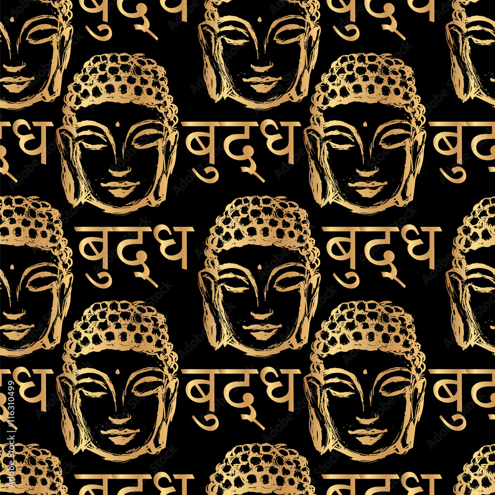 seamless pattern of golden Buddha head and the inscription on the ...