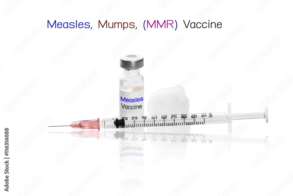 Measles, Mumps, MMR Vaccine with needle Medical ampoules vial and ...