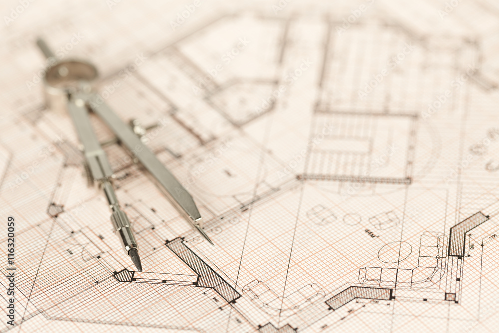 architecture blueprint - house plan & compass Stock Photo | Adobe Stock
