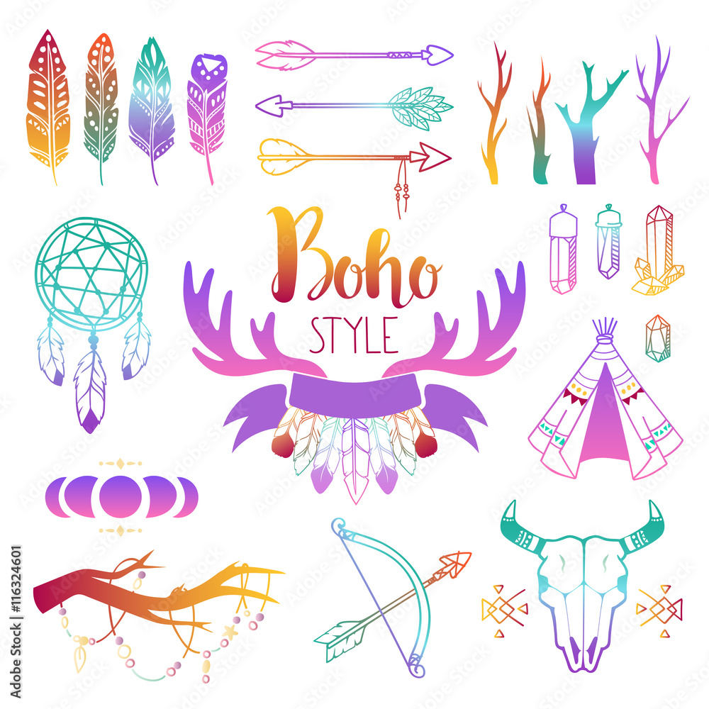 Hand drawn boho design elements set. Wild style labels with vintage ...