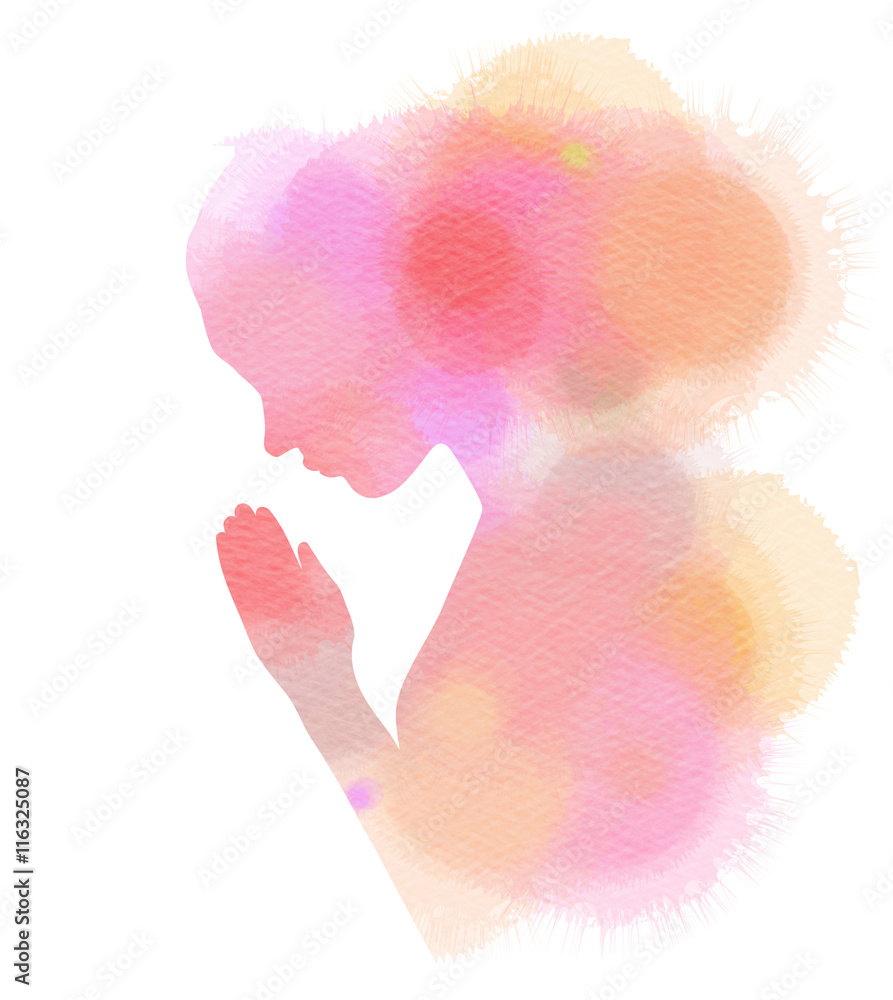 Watercolor of a girl praying or meditating. Digital art painting Stock ...