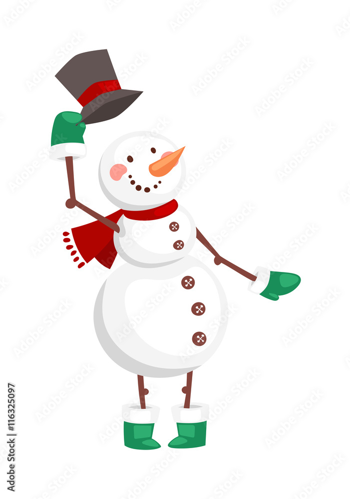 Vector cartoon cute white snowman in clothes with attributes of ...