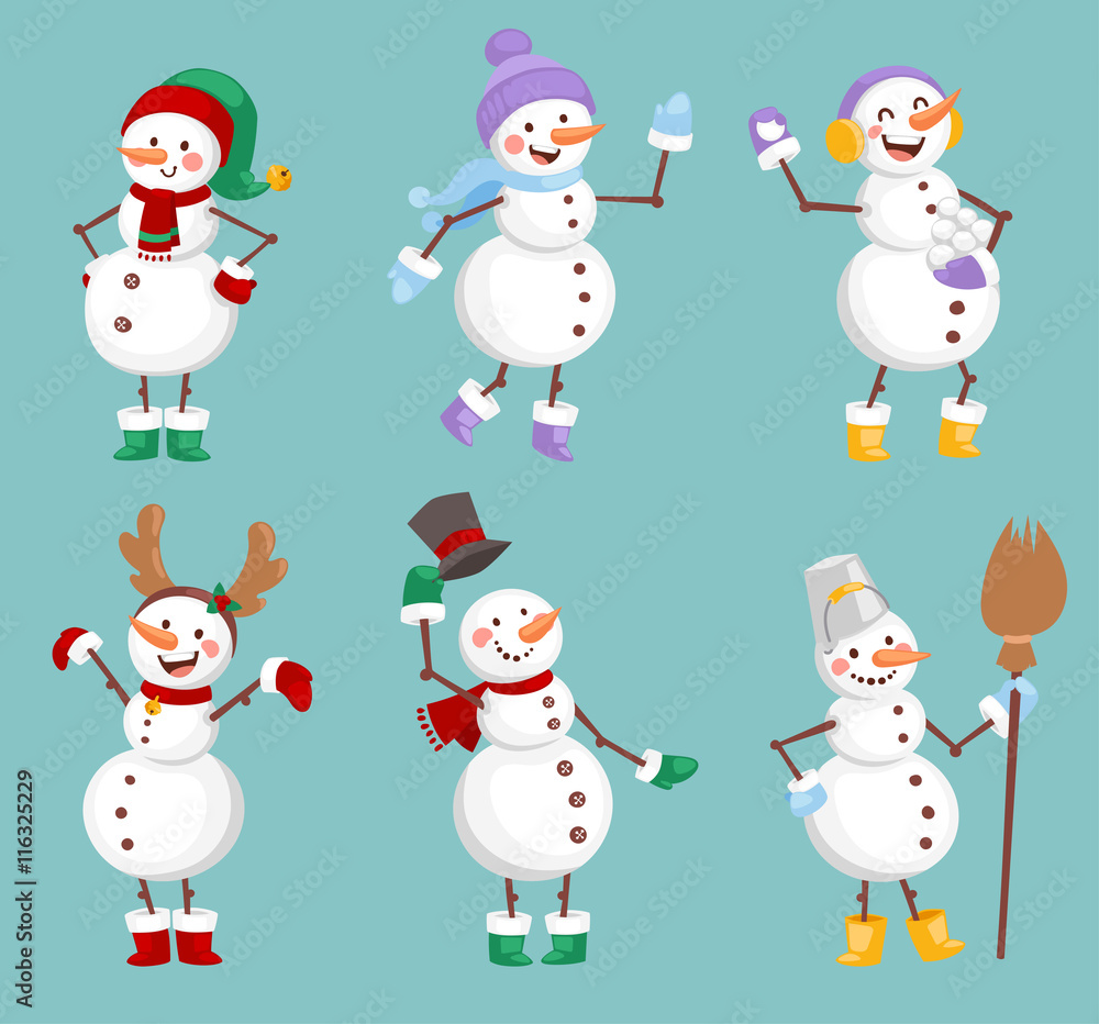 Vector cartoon cute white snowman in clothes with attributes of ...
