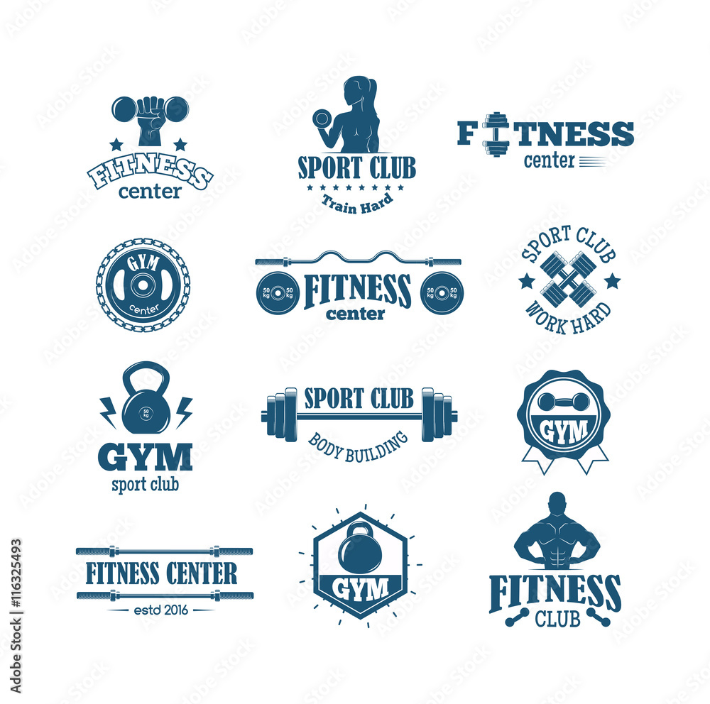 Set of monochrome gym fitness emblems, labels, badges, logos and ...