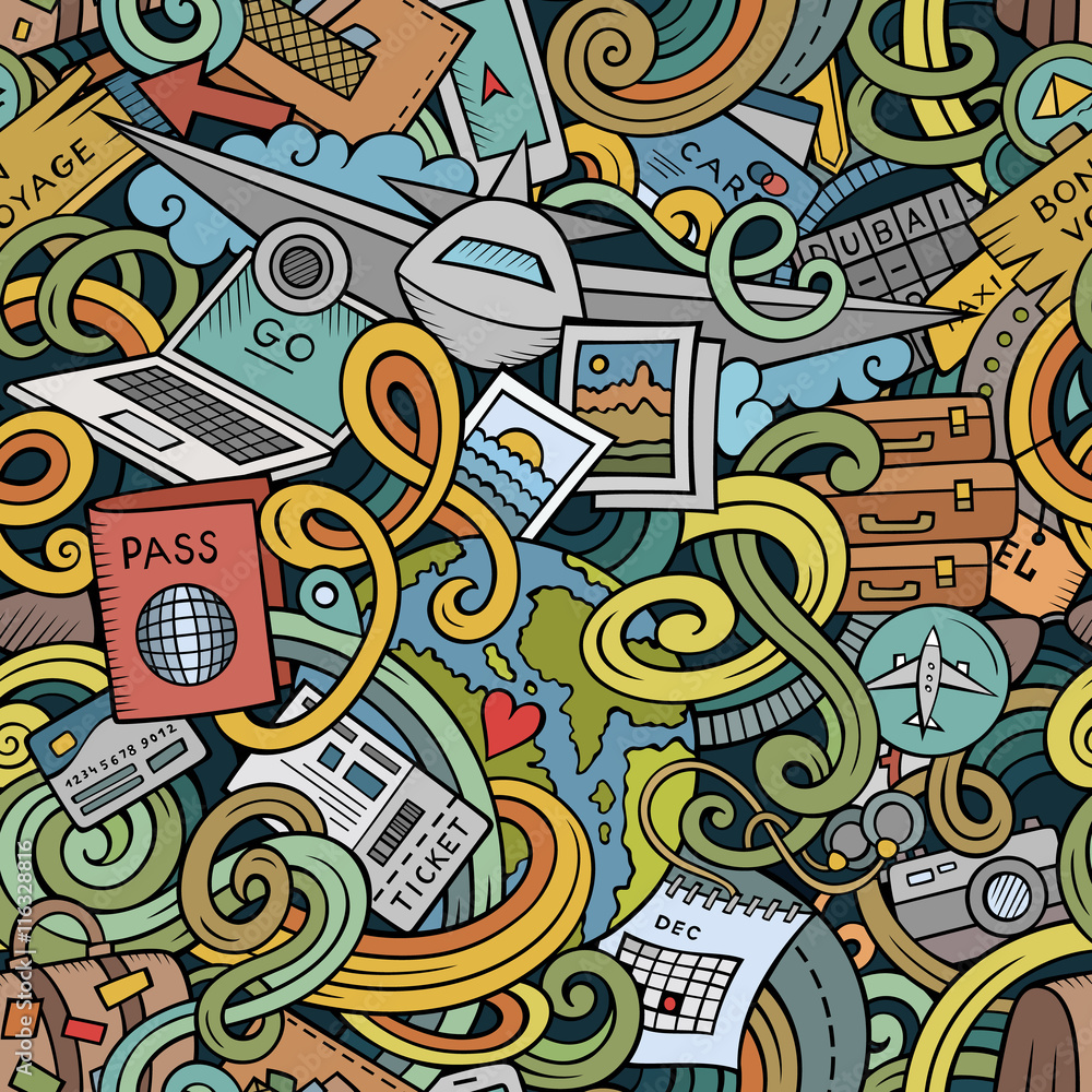 Cartoon doodles travel planning seamless pattern Stock Vector | Adobe Stock