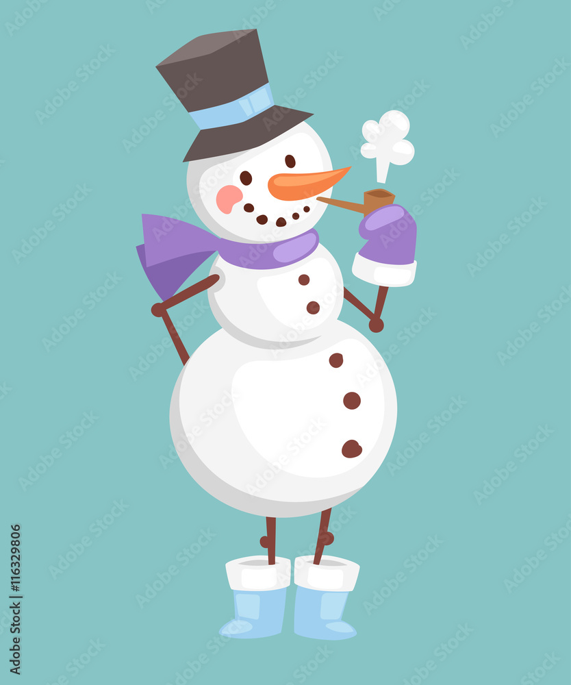 Vector cartoon cute white snowman in clothes with attributes of ...