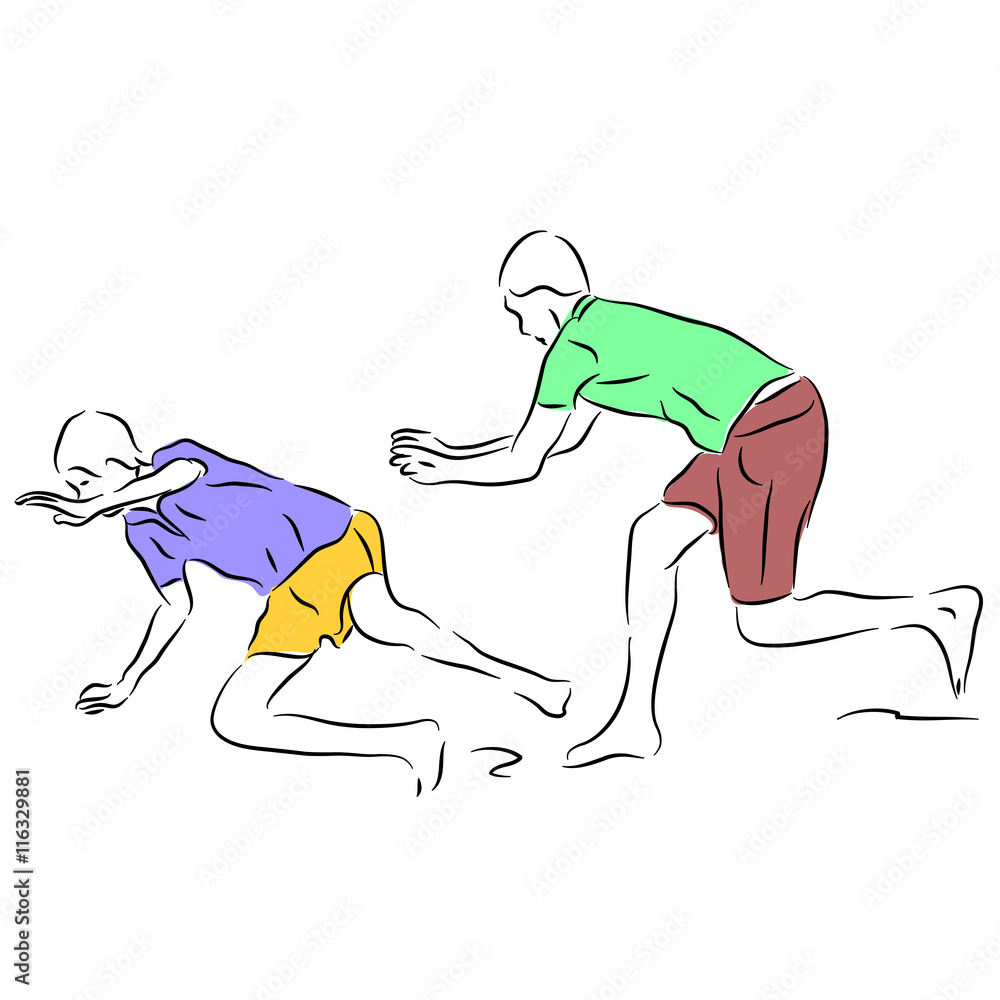 Playing children. Two running teen. The sketch drawn by hand. Vector ...