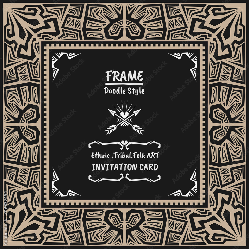 Doodle vector tribal ethnic style frame .Native Invitation card. Stock ...