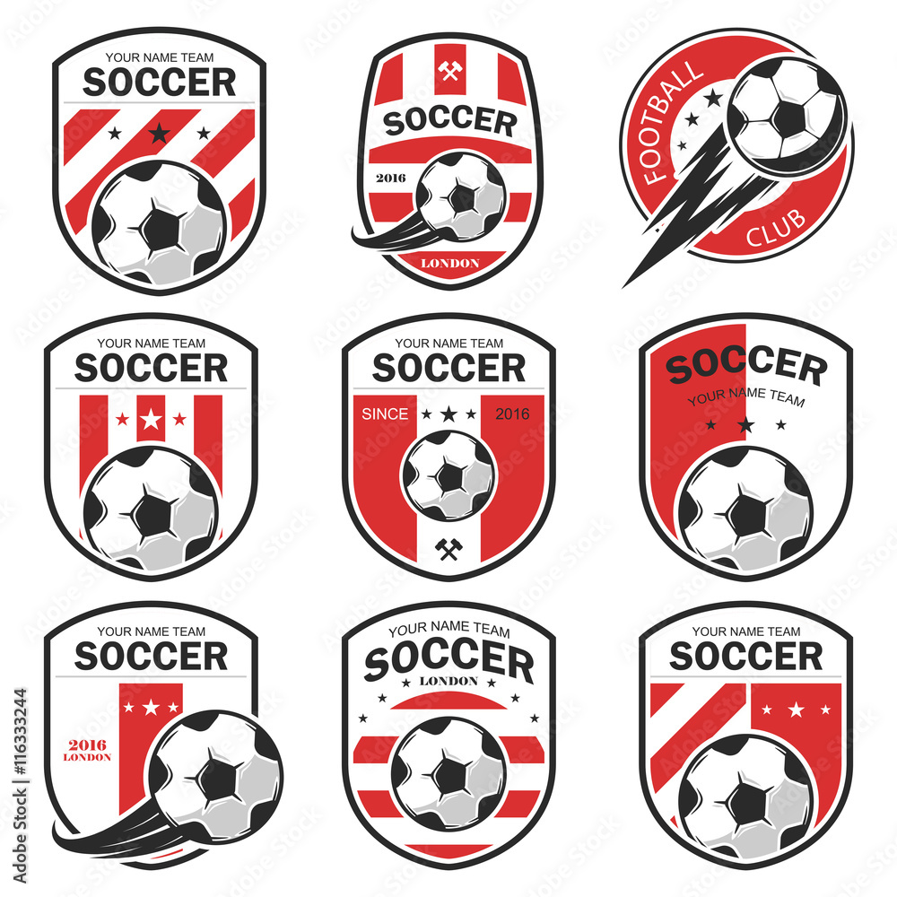 Vector illustration set of logos on football theme, as well as items ...