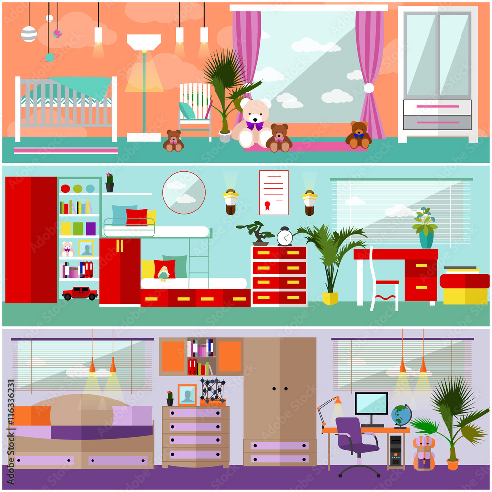 Kids bedroom interior in flat style. Vector illustration. House room ...