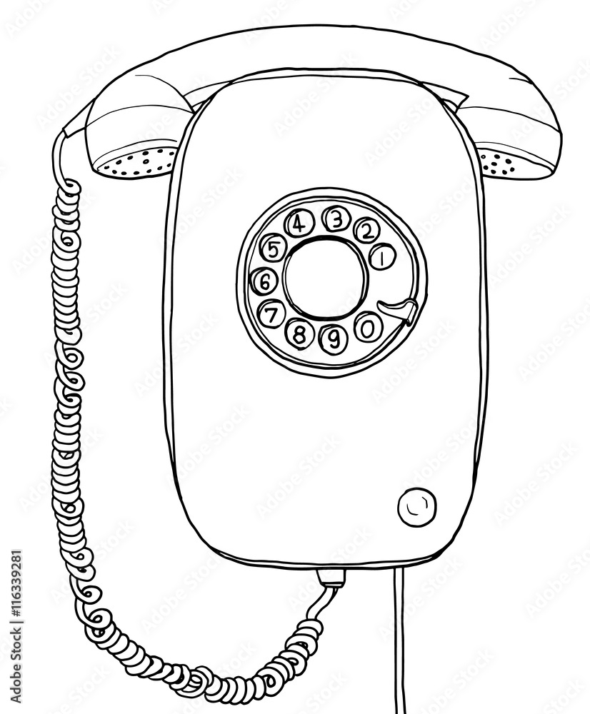 vector blue vintage Telephone wall hand drawn line art painting Stock ...