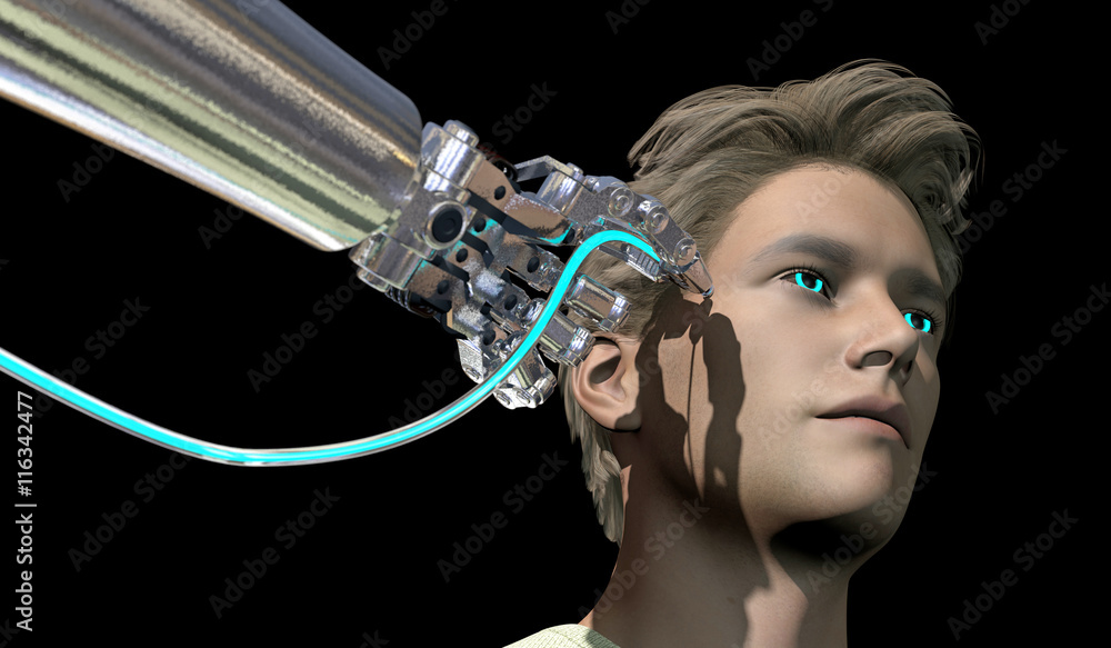 3D illustration of robot hand plugging data cable to a young man with ...