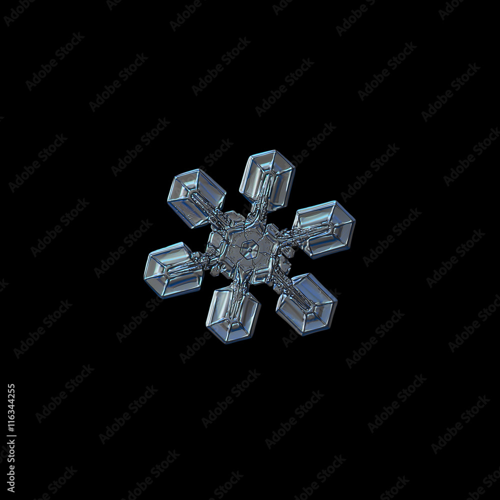 Snowflake isolated on black background: real photo of medium size snow ...