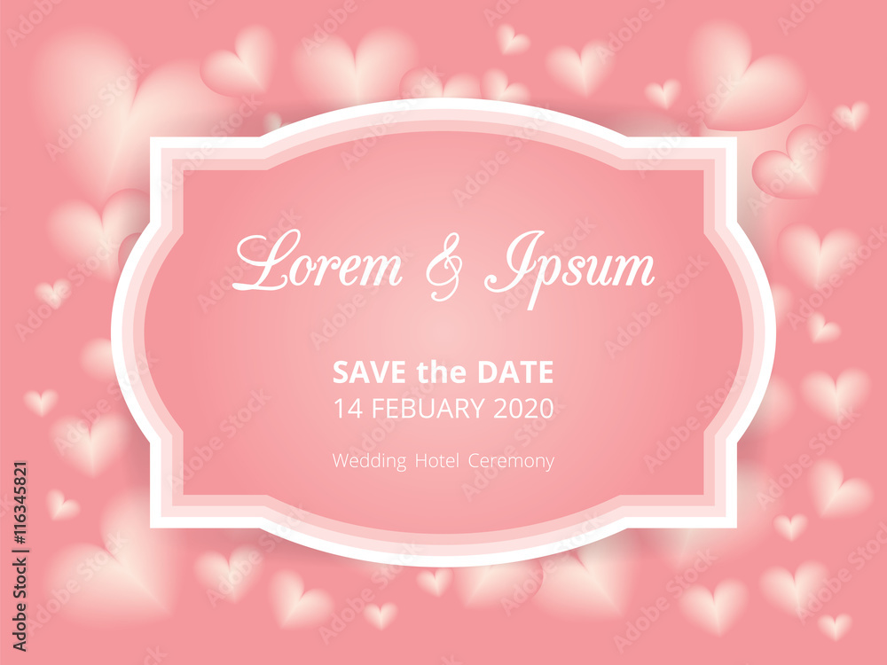 White wedding card template label on pink heart shape pattern ...