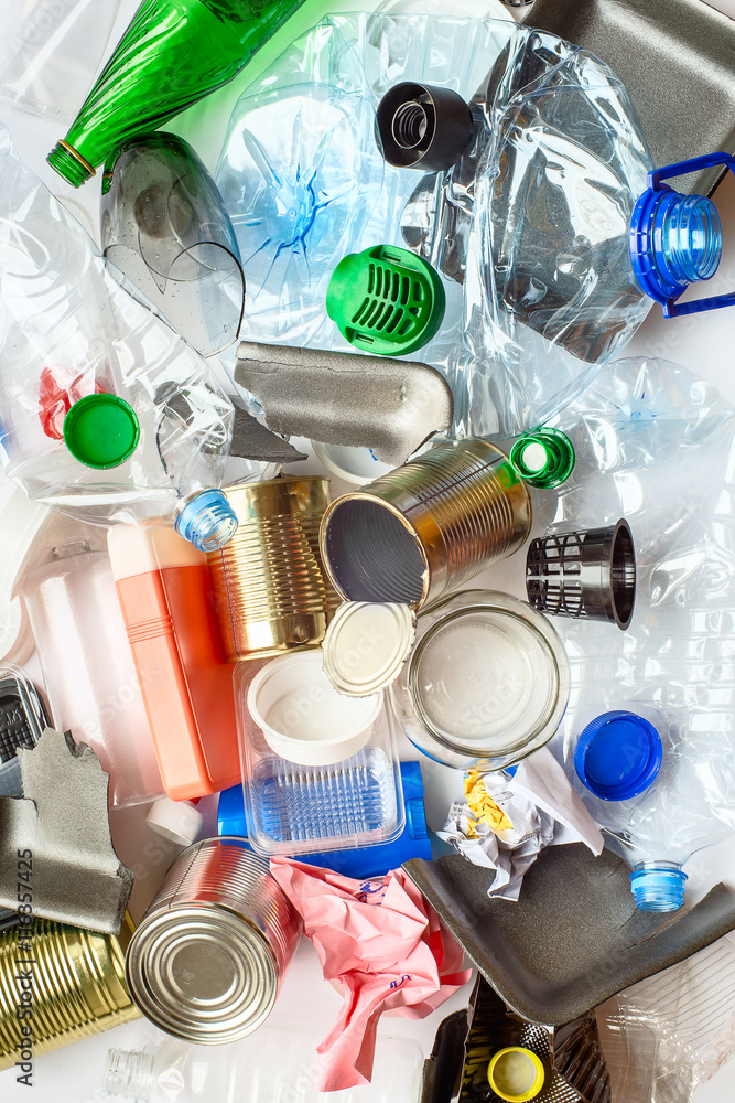 sorting of garbage types. Waste management concept. Top view Stock ...