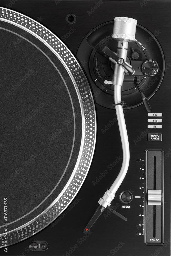 part of dj turntable with tonearm, top view Stock Photo | Adobe Stock