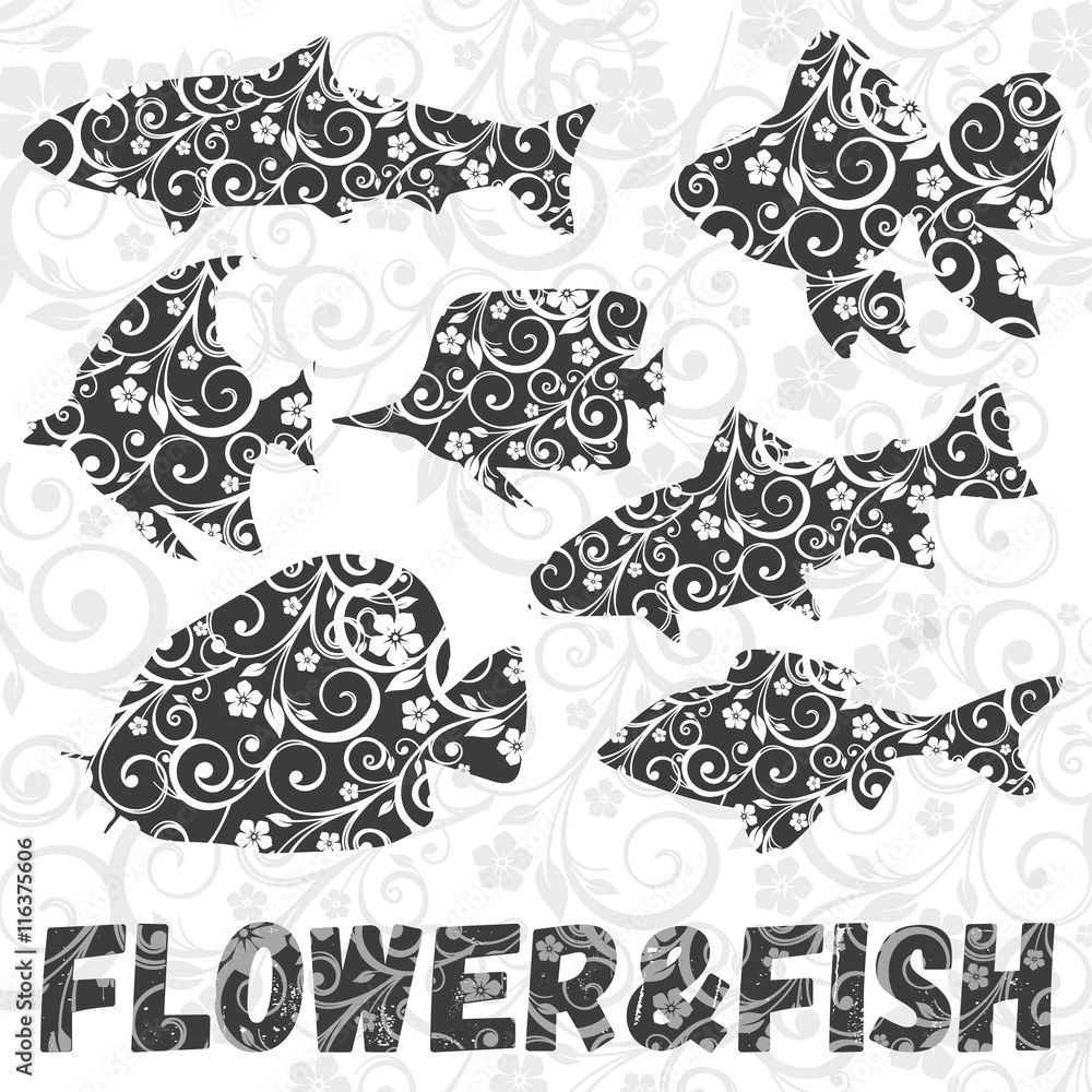 Vector set of fish silhouettes with flower pattern on background. Stock ...
