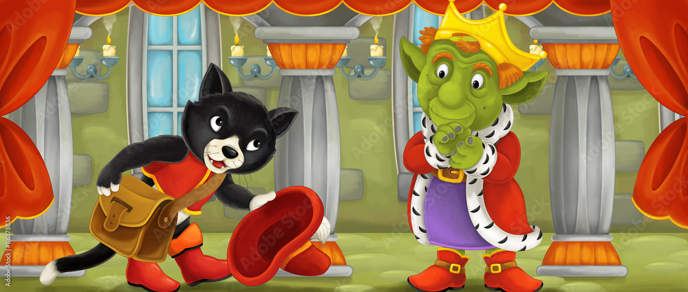 Cartoon cat visiting troll king in his castle - illustration for ...