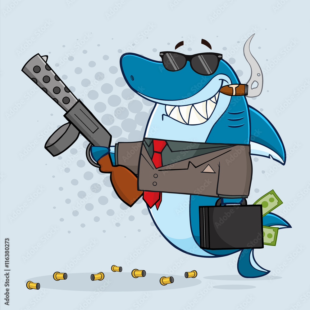 Smiling Shark Gangster Cartoon Mascot Character Carrying A Briefcase ...