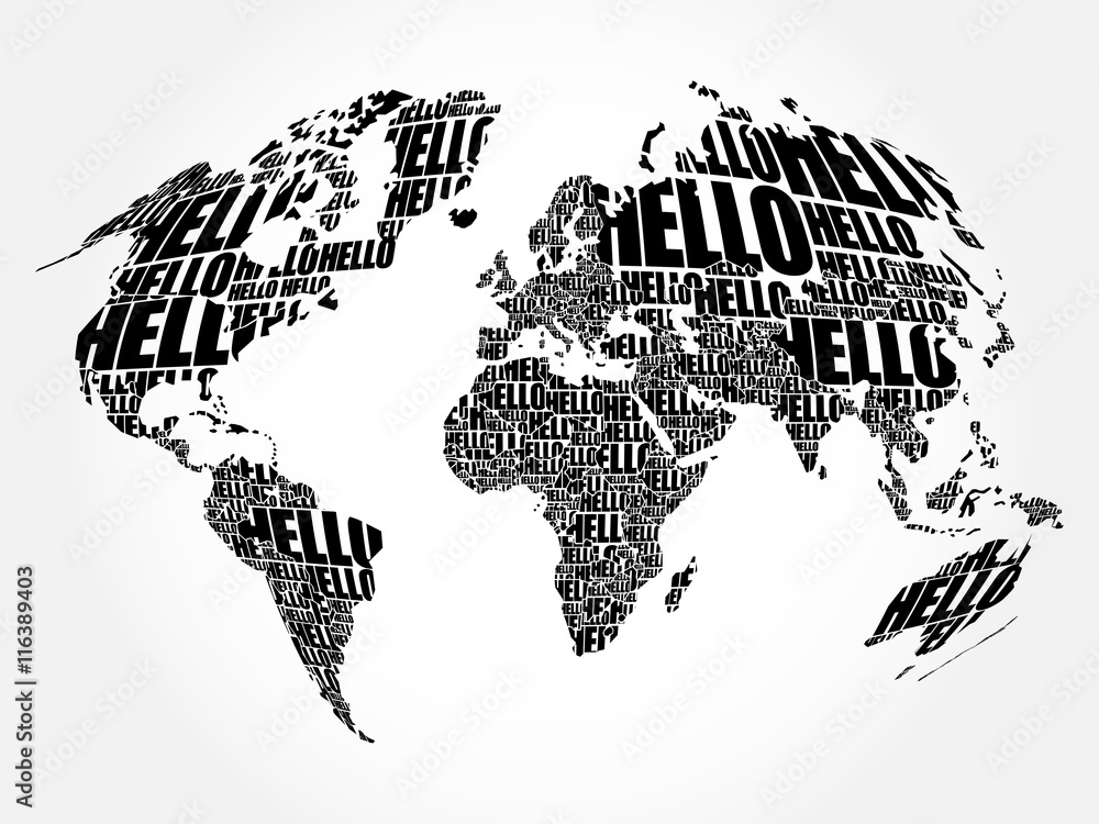 HELLO Word Cloud World Map in Typography, background concept Stock ...