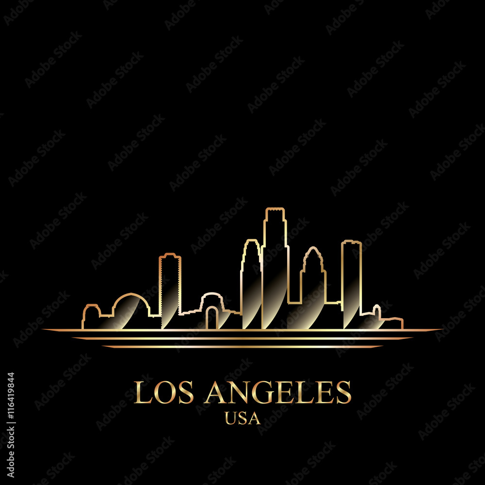 Gold silhouette of Los Angeles on black background Stock Vector | Adobe ...