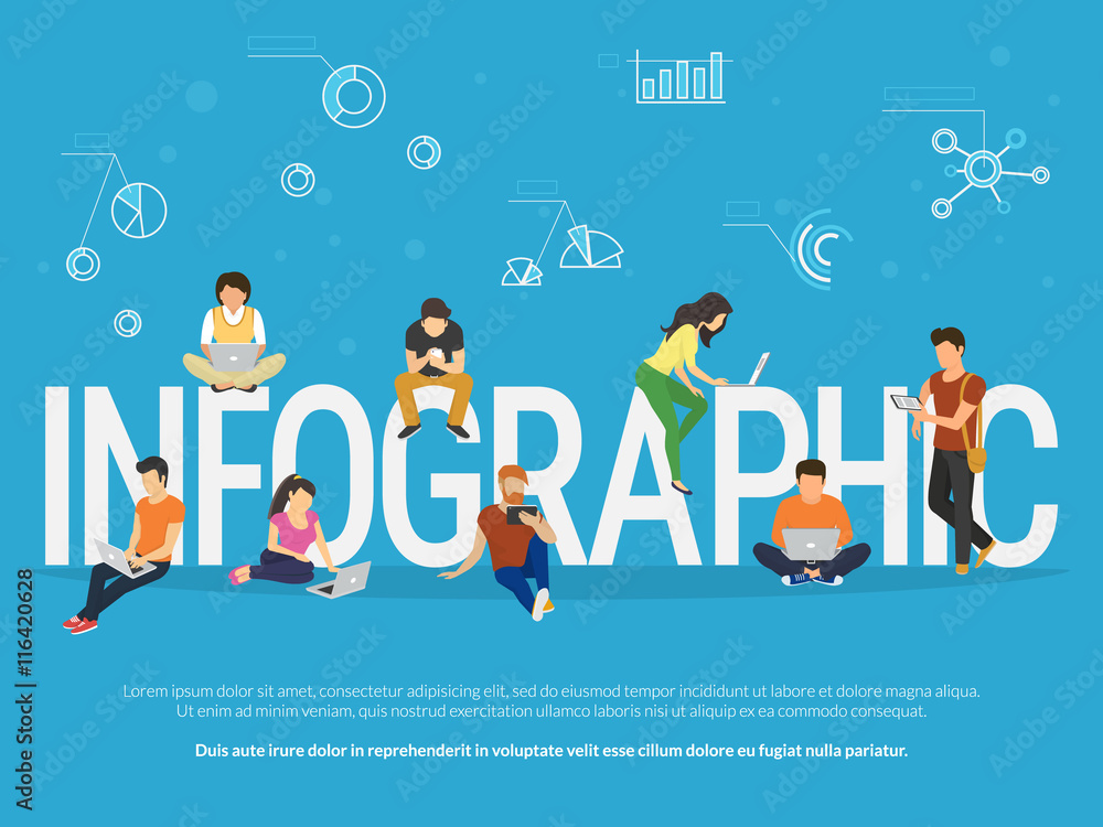 Infographic concept illustration of young people using laptop, tablet ...