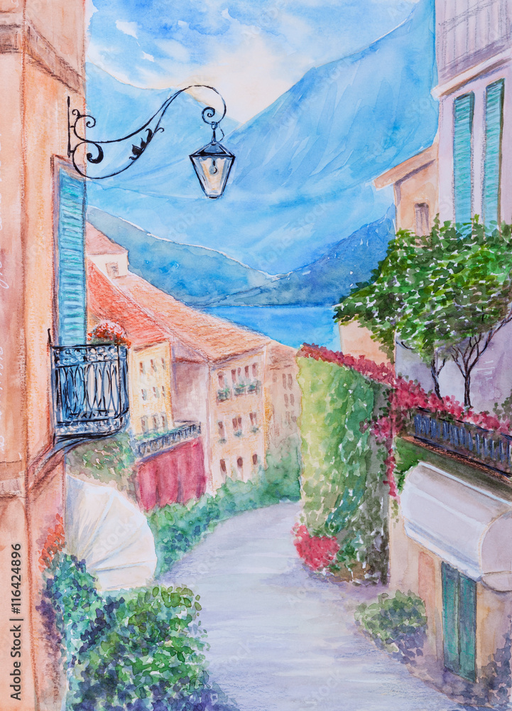 Small town street view in Bellagio, Lake Como Italy Stock Illustration ...